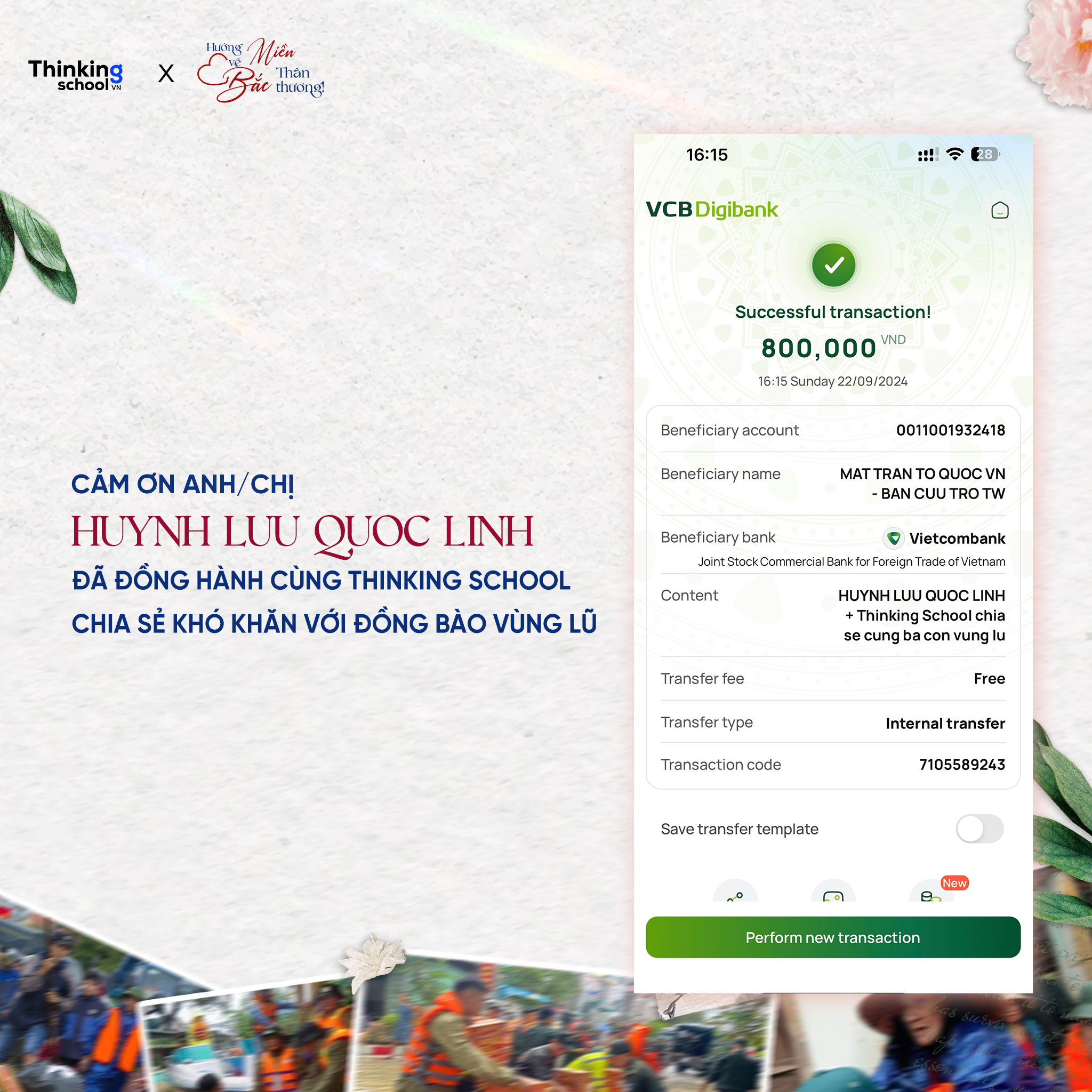 Thinking School cảm ơn bạn đã ủng hộ đồng bào vùng lũ